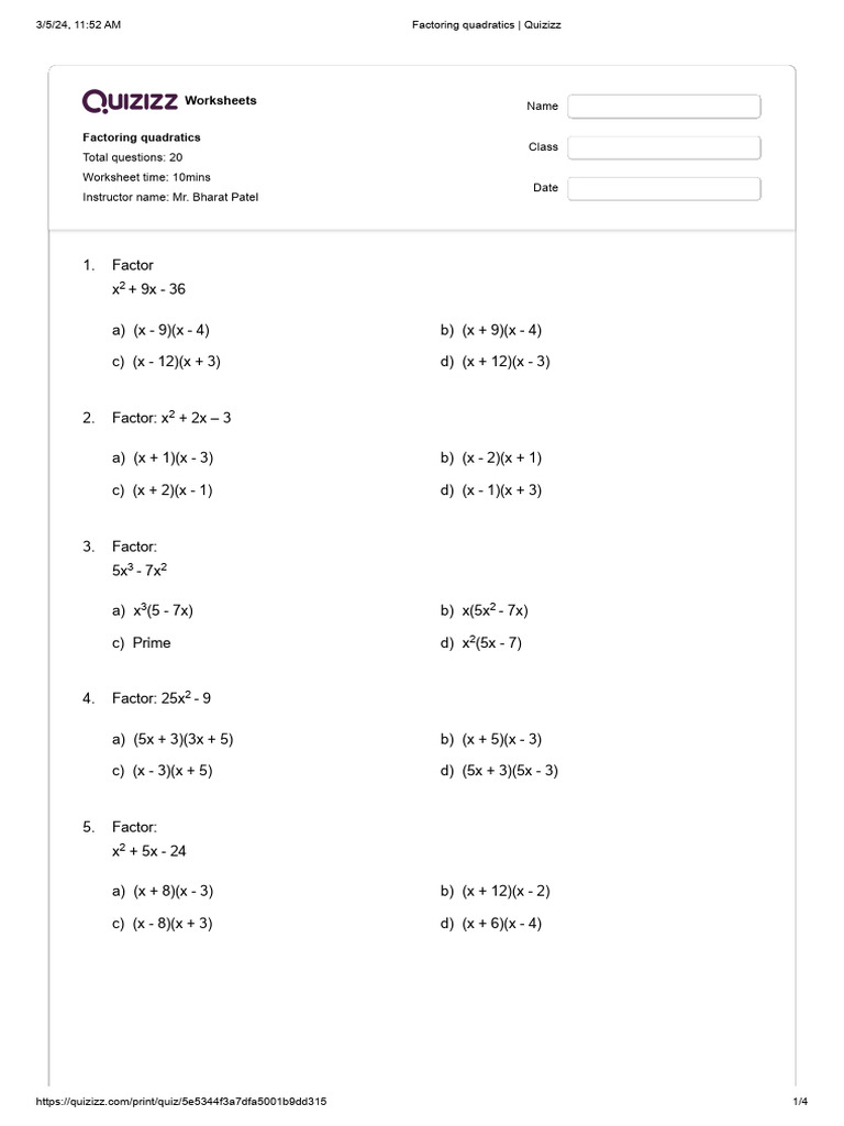 Factoring Quadratics - Quizizz | PDF