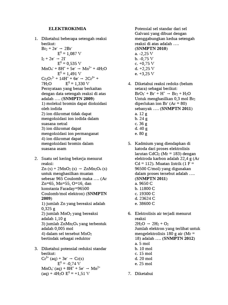 PTN Elektrokimia | PDF | Metode & Bahan Ajar | Sains & Matematika