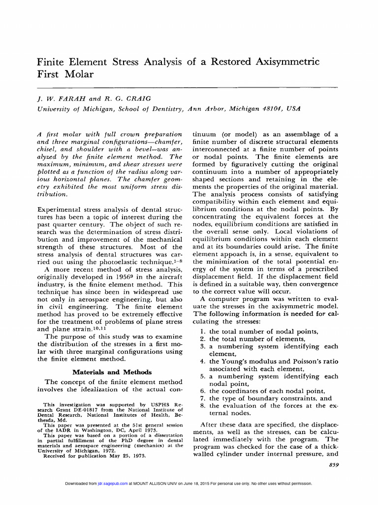 Finite Element Stress Analysis Of A Restored Axisymmetric Pdf Youngs Modulus Stress