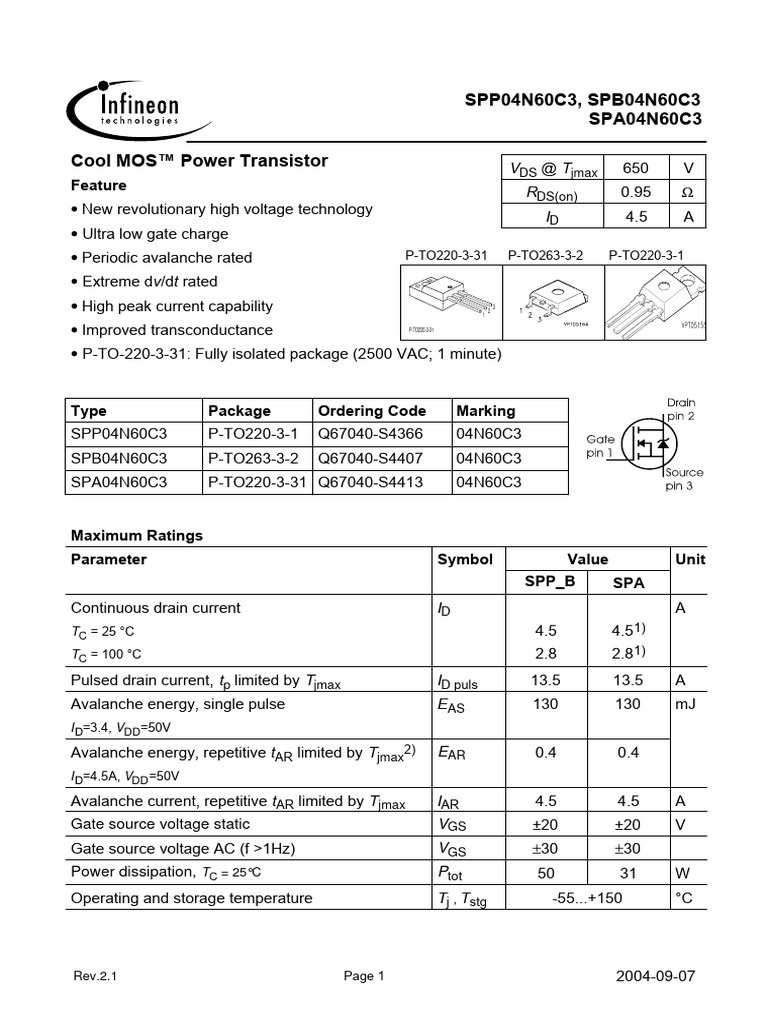 Spa SPB SPP 04N60C3 | PDF | Diode | Field Effect Transistor