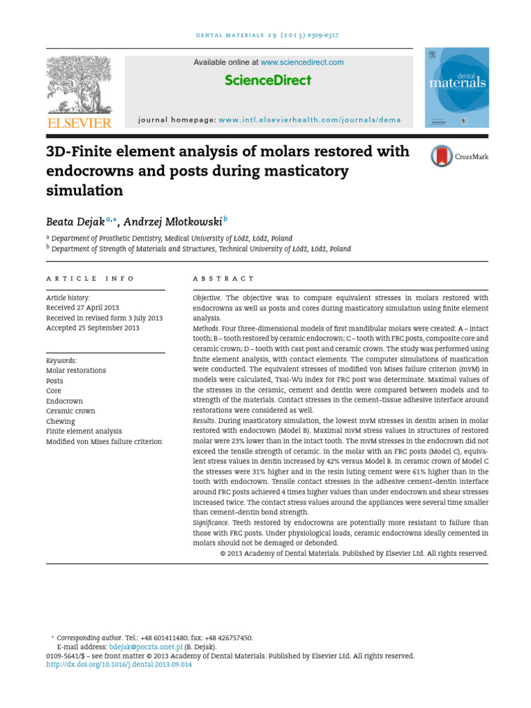 3D-Finite Element Analysis of Molars Restored With | PDF | Human Tooth ...