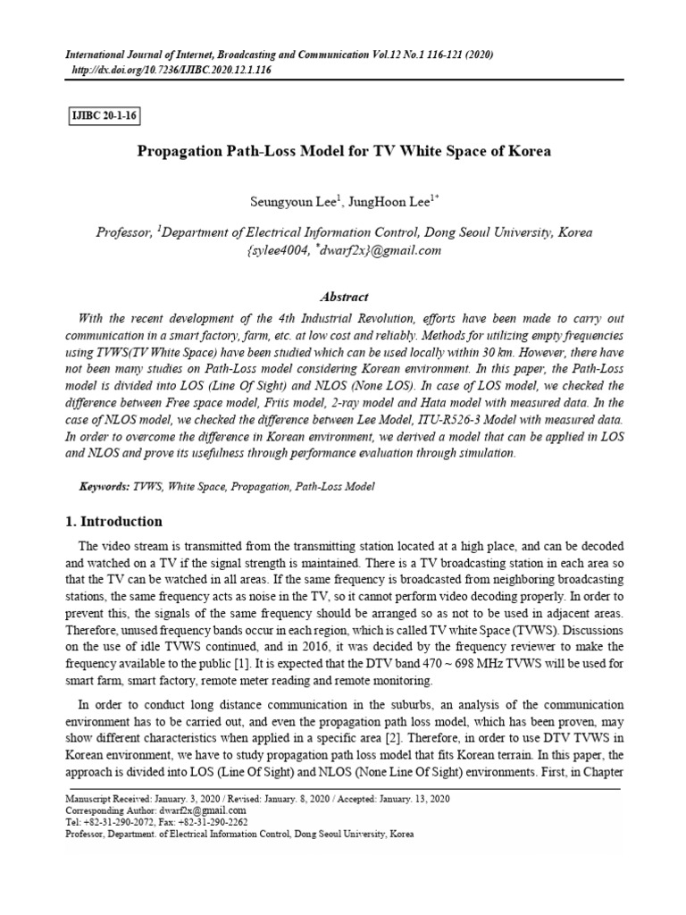020 Propagation Path-Loss Model For TV White Space of Korea | PDF ...