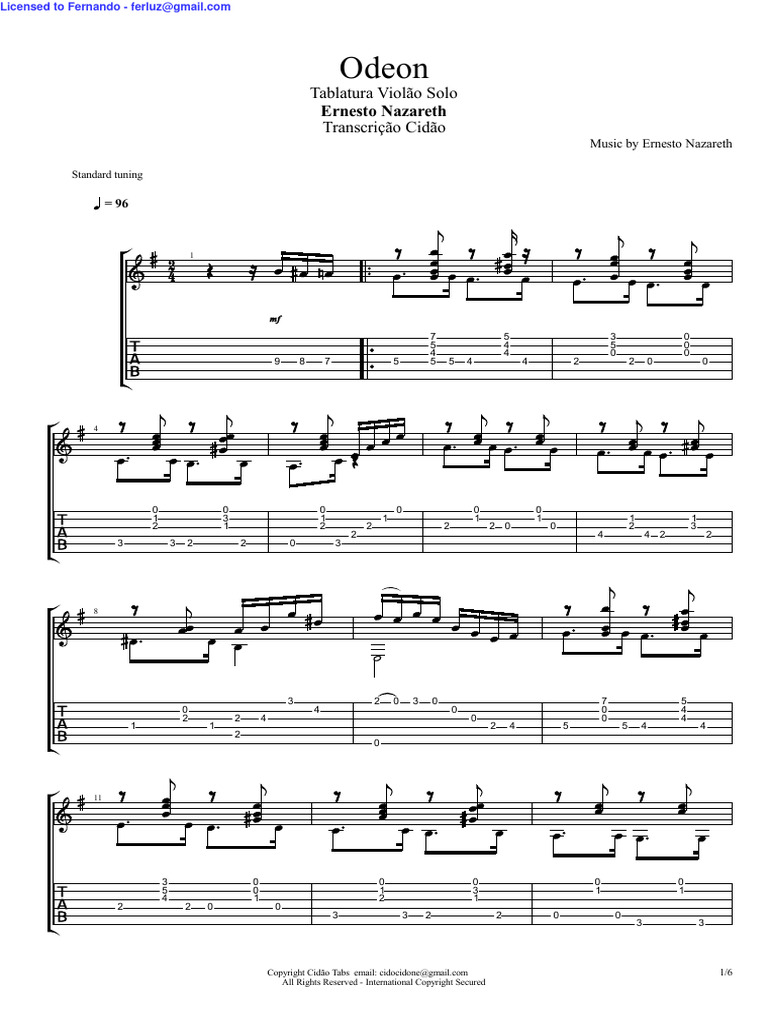 Odeon by Ernesto Nazareth (Cidão) Part e Tab | PDF | Freedom Of Expression Law | Copyright Law