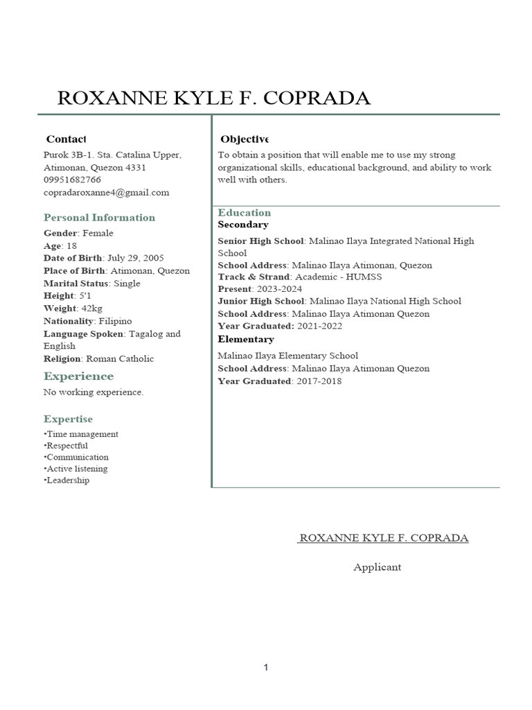 Roxanne Kyle F. Coprada Resume | PDF