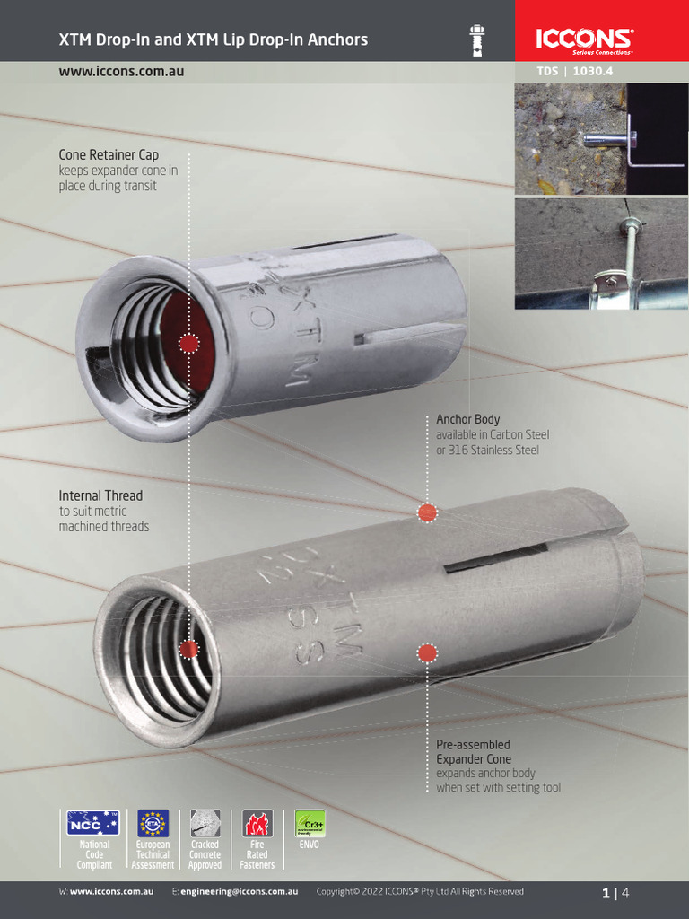 1030.4 - XTM Drop-In Anchor TDS | PDF | Secondary Sector Of The Economy | Building Materials
