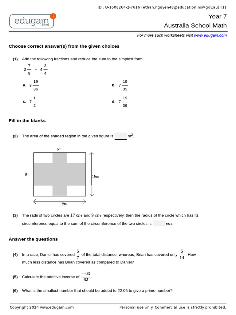 Year 7 Test | PDF | Area | Elementary Mathematics