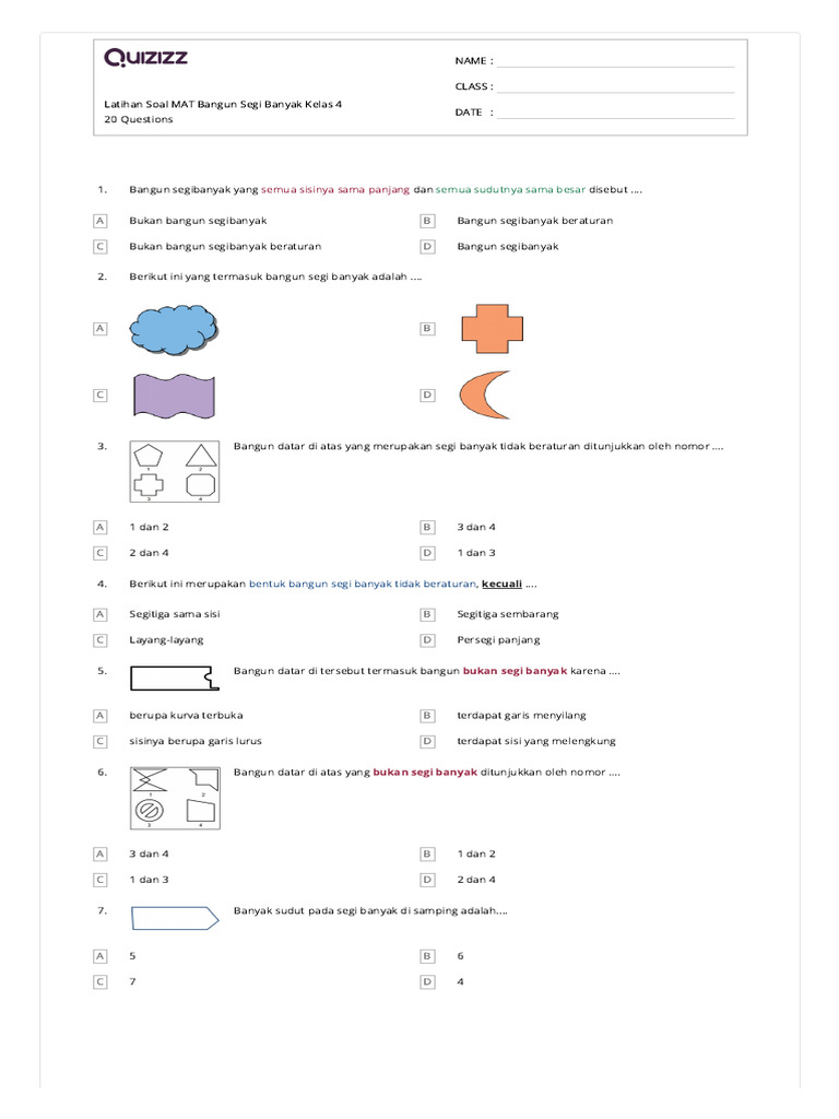 Latihan Soal MAT Bangun Segi Banyak Kelas 4 | PDF