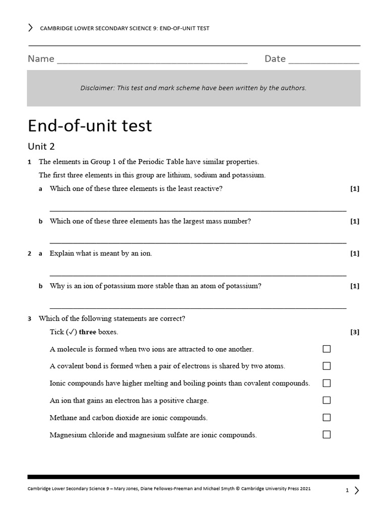 S9 - End-Of-Unit 2 Test | PDF | Chemical Compounds | Ionic Bonding