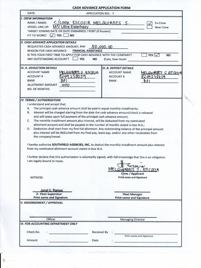 Cash Advance Application | PDF