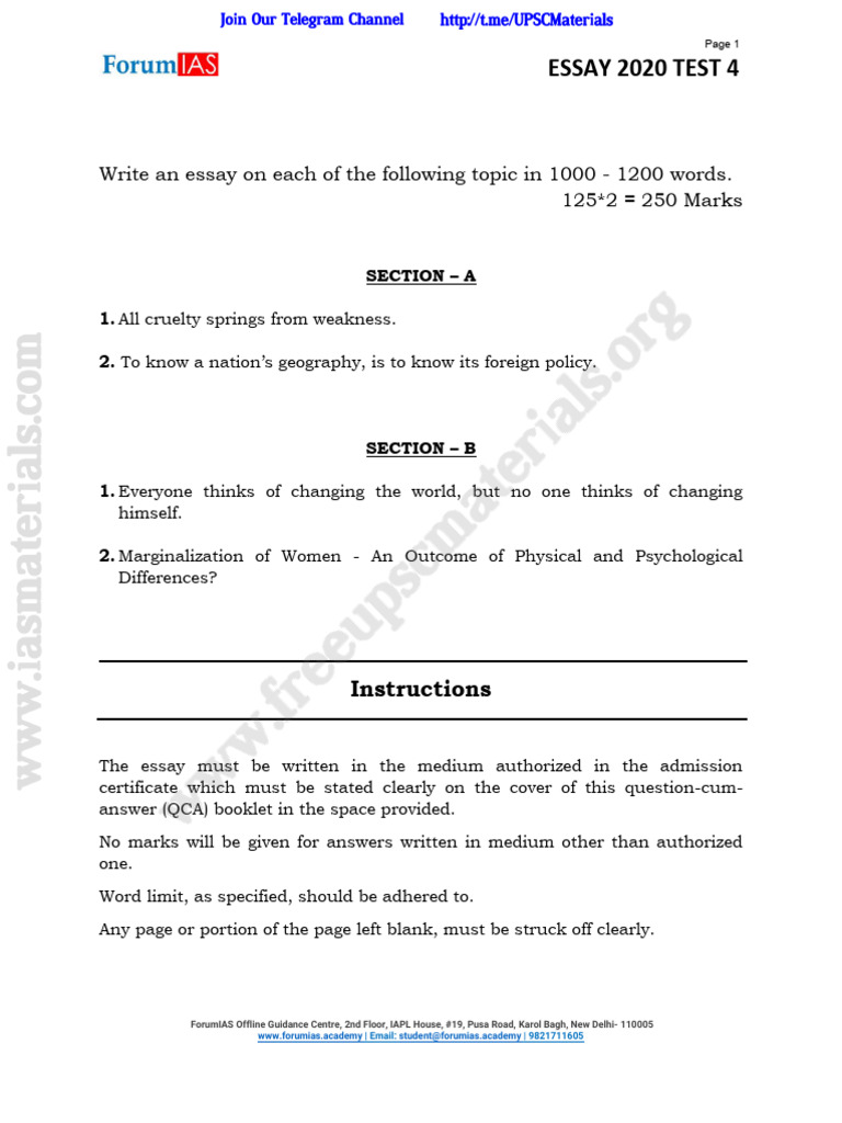 UPSC 2020 Essay Test Topics | PDF