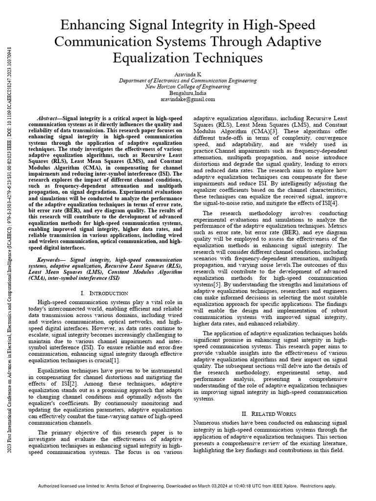 Adaptive Equalization for Signal Integrity | PDF | Signal To Noise ...