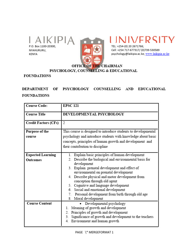 Final EPSC 121 DEVELOPMENTA PSYCHOLOGY Course Outline | PDF ...