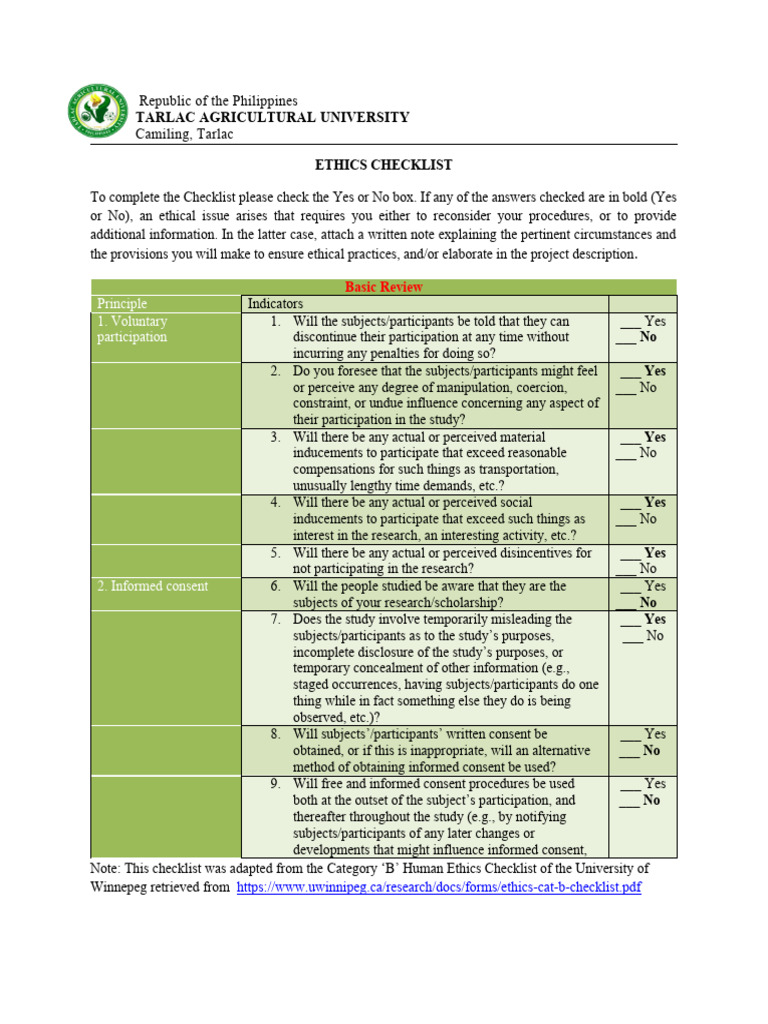 Ethics Checklist | PDF | Informed Consent | Privacy