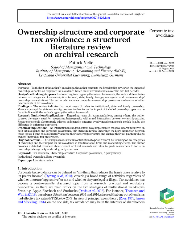 2023 - Velte - Ownership Structure and Corporate Tax Avoidance. Structured Literature Review On ...