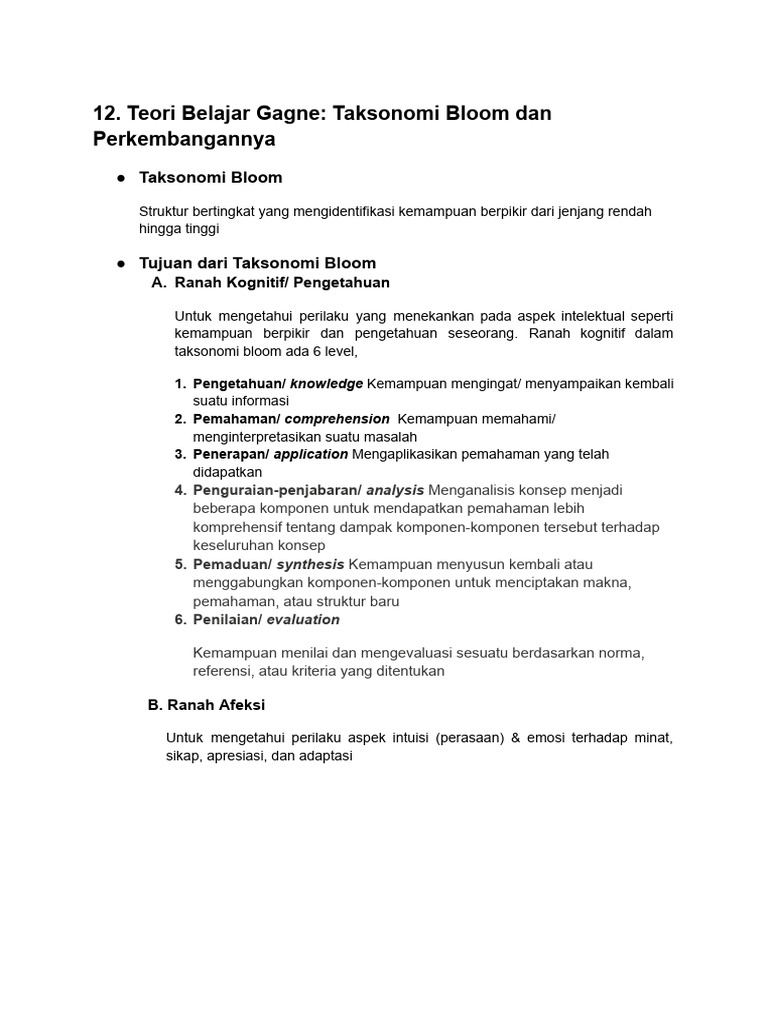 12. Teori Belajar Gagne- Taksonomi Bloom dan Perkembangannya | PDF