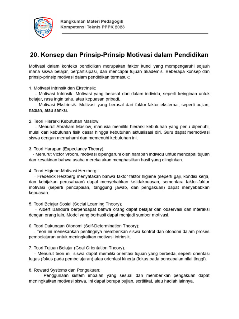 Konsep Dan Prinsip-Prinsip Motivasi Dalam Pendidikan | PDF