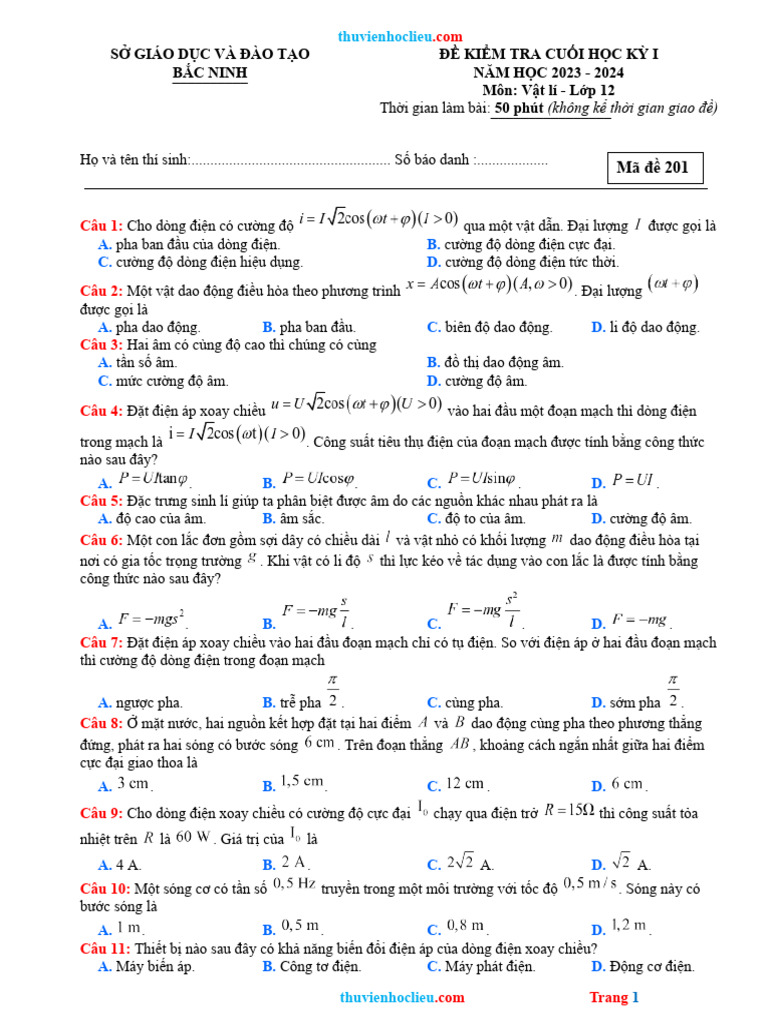 Thuvienhoclieu.com de Thi HK1 Vat Li 12 So GD Bac Ninh 23 24 | PDF