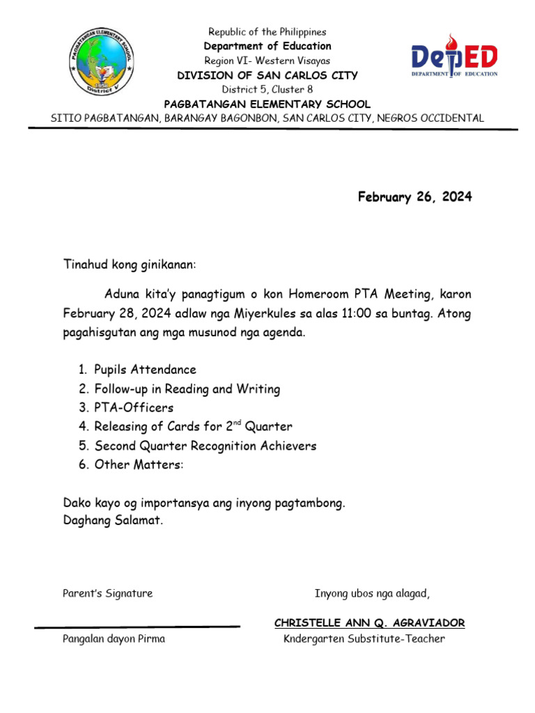 2nd Quarter PTA LETTER TO SIR | PDF | Educational Organizations