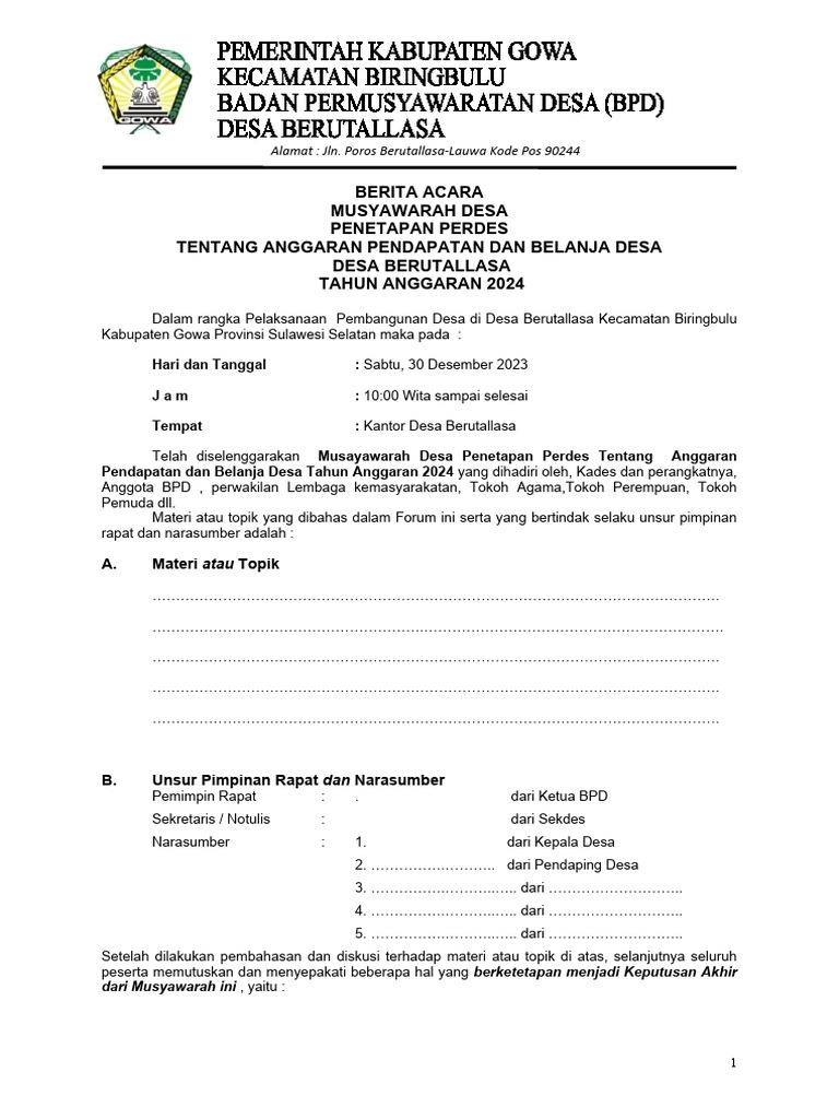 BERITA ACARA SIDANG PENETAPAN APBDEsa 2024 | PDF