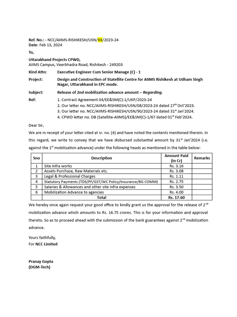 NCC Letter No. XXXX Dt. 13.02.2024 Regarding Release of 2nd Mobilization Advance Amount - R1 | PDF