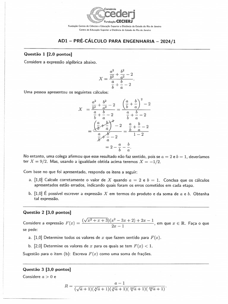 AD1 - Pré-Calculo | PDF