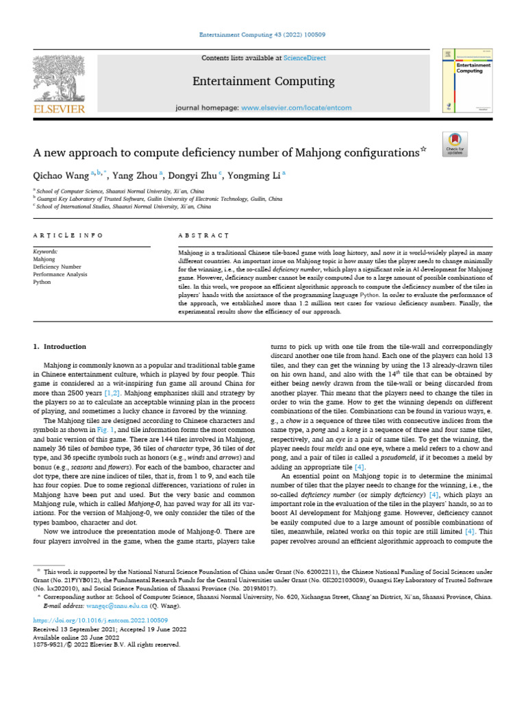 A New Approach To Compute Deficiency Number of Mahjong Configurations | PDF | Mahjong