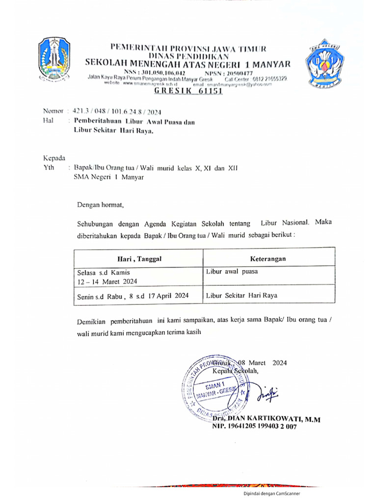 Surat Keterangan Libur Puasa Dan Lebaran | PDF