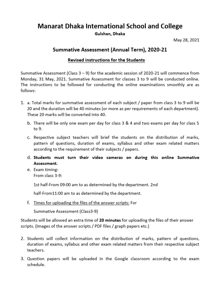 Summative Assessment, (Annual Term) (Instructions For Students) | PDF ...