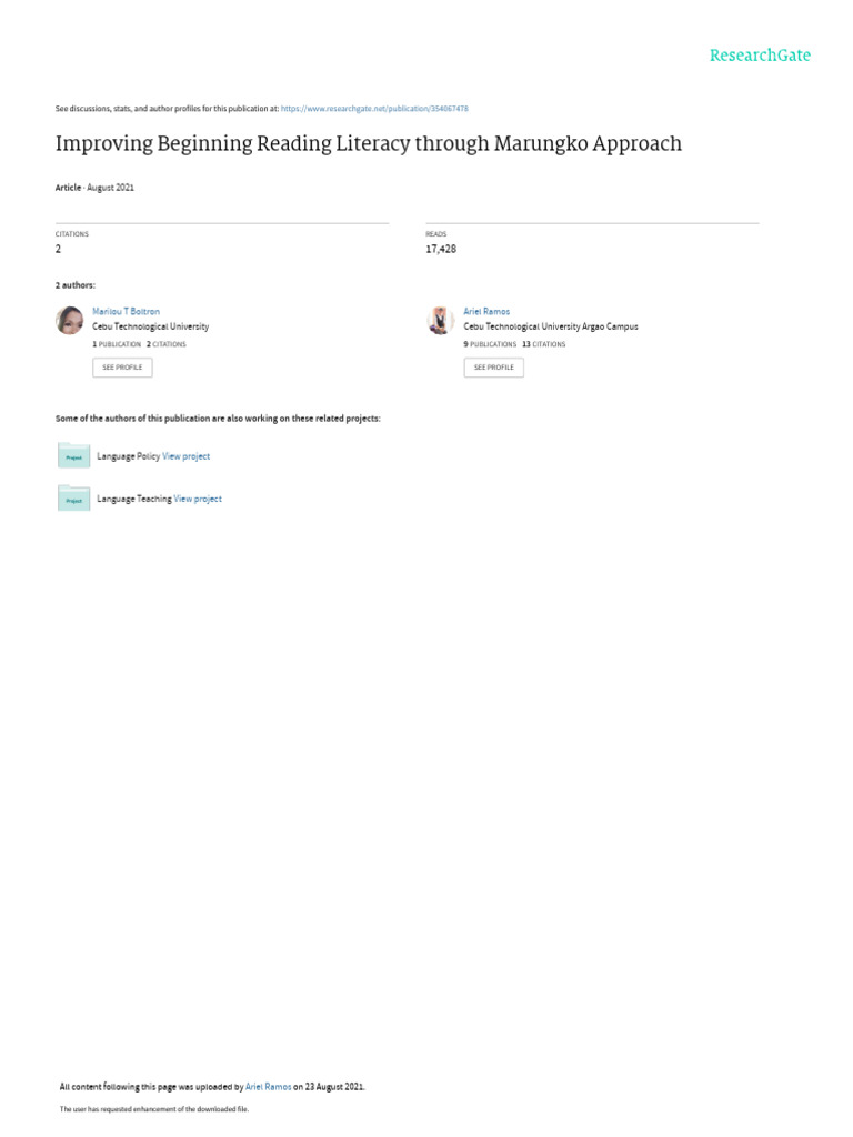 Improving Beginning Reading Literacythrough Marungko Approach | PDF | P ...