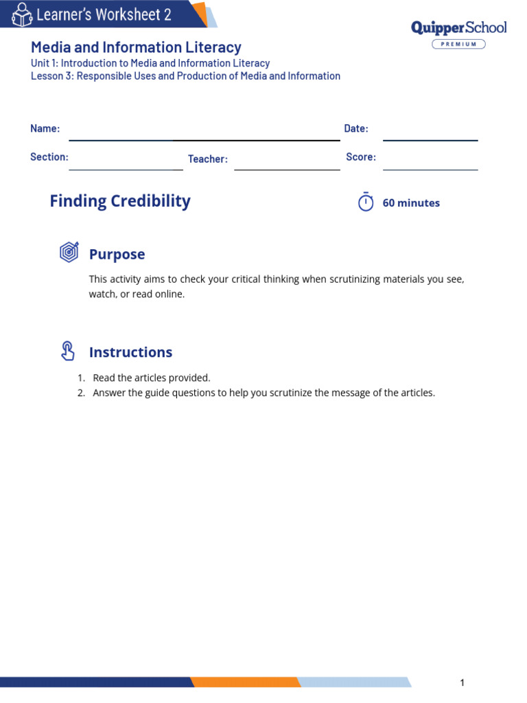 Media Literacy: Evaluating Credibility | PDF | Information Literacy ...