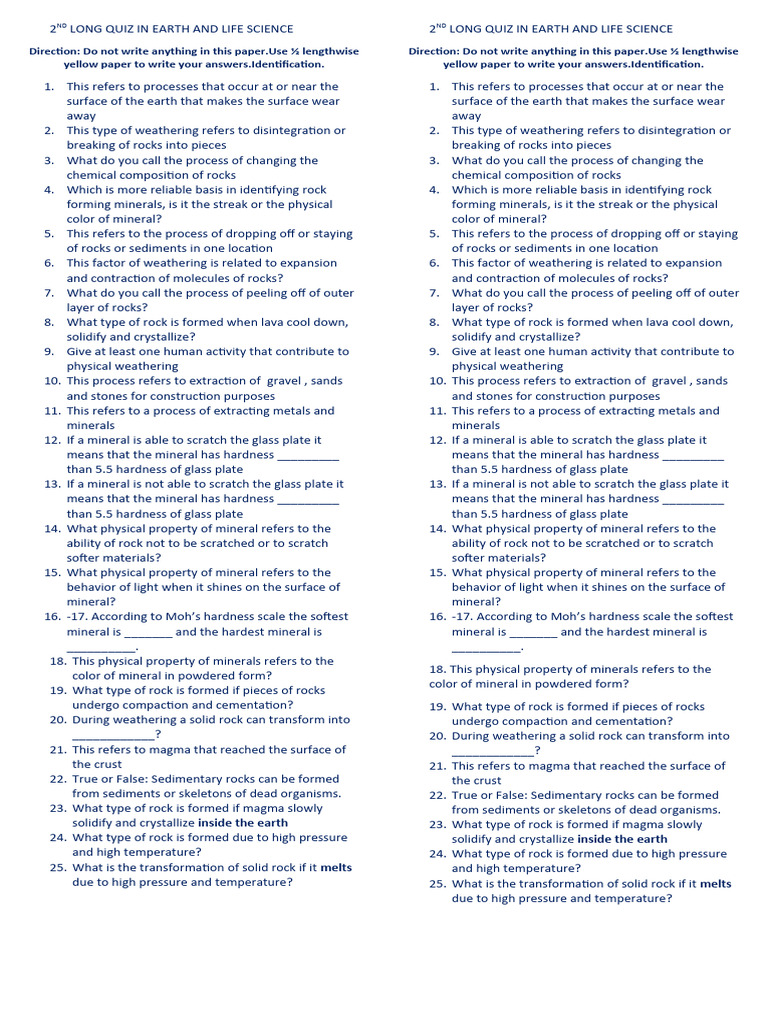 Earth and Life Science Quiz Questions | PDF | Rock (Geology) | Magma