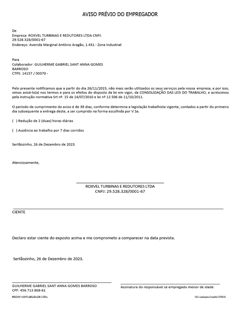 Modelo Aviso Previo Trabalhado | PDF