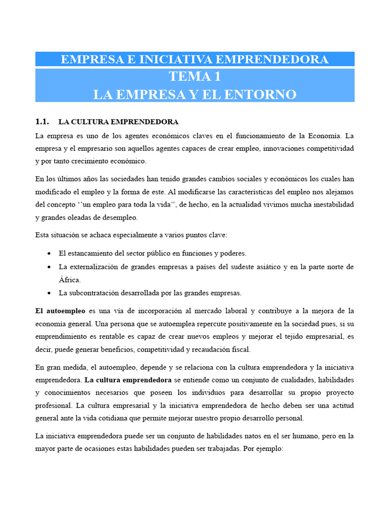 Tema 1 Empresa Y Entorno Empresa E Iniciativa Emprendedora Pdf