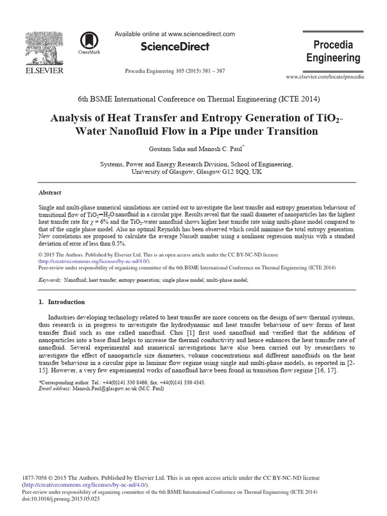 Analysis of Heat Transfer and Entropy Generation of TiO2 Wa - 2015 - Procedia en | PDF | Heat ...