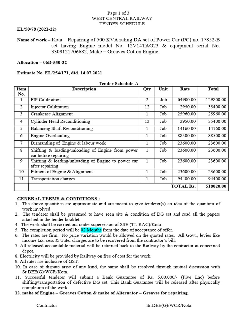 Tender Schedule EL-50-78-2021-22 | PDF | Engine Technology | Rotating ...
