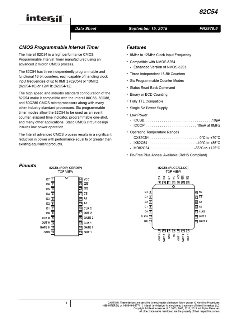 INTERSIL 82C54 CMOS Programmable Interval Timer | PDF | Cmos | Computer Engineering