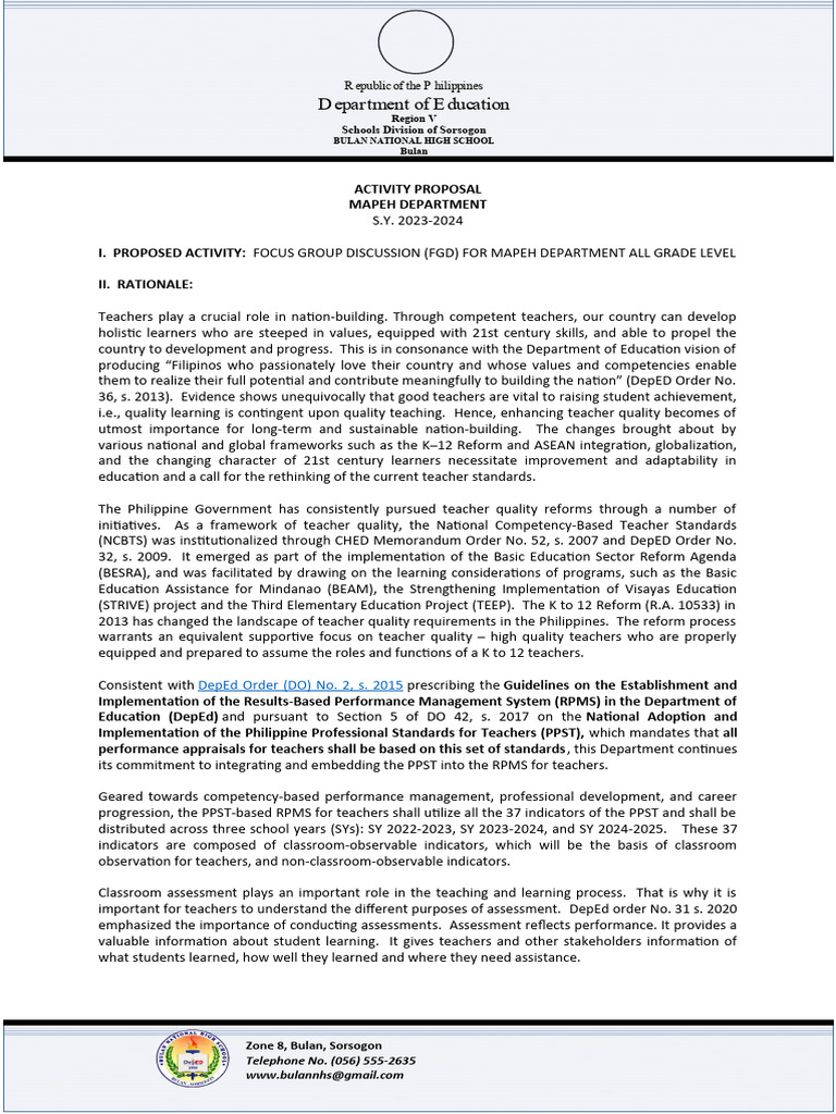 MAPEH FGD Proposal for SY 2023-2024 | PDF | Educational Assessment ...