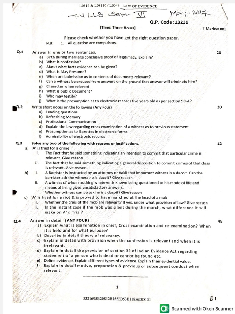 Law of Evidence Papers | PDF