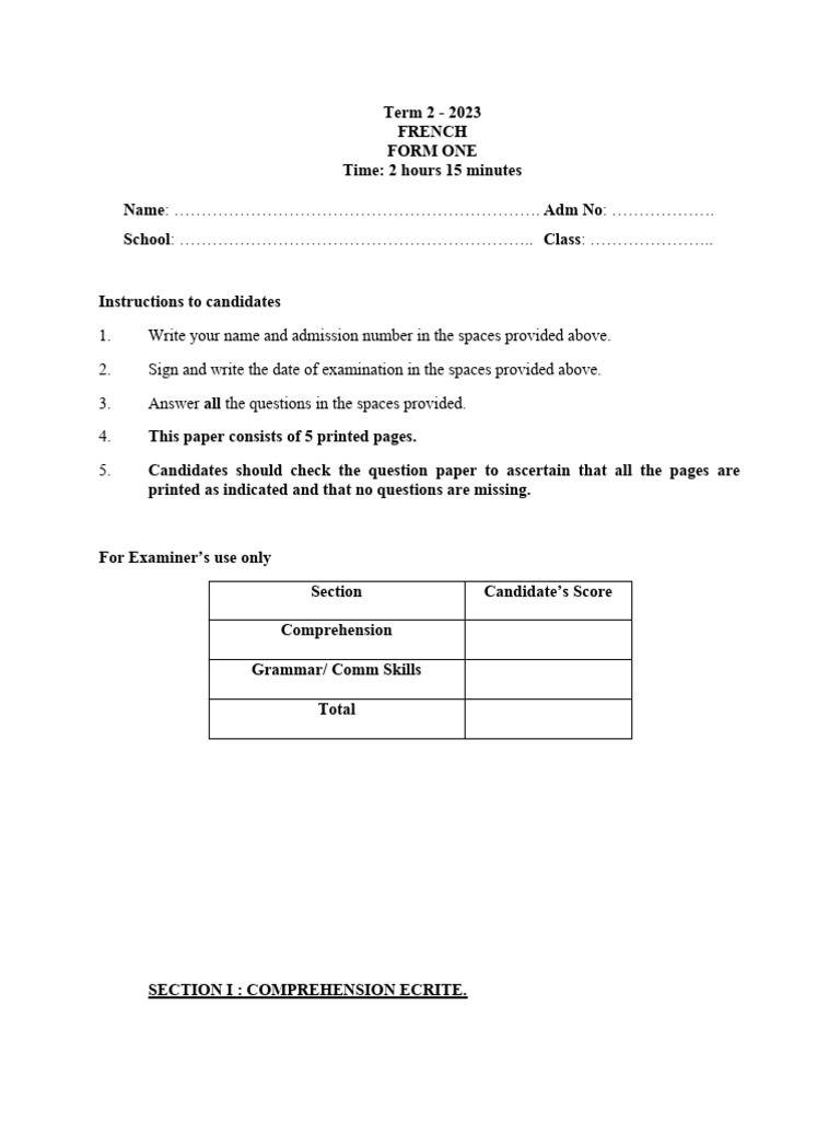 2023 FRENCH F1 QS T2 Exam Teacher - Co - .Ke | PDF | Arts du langage et ...