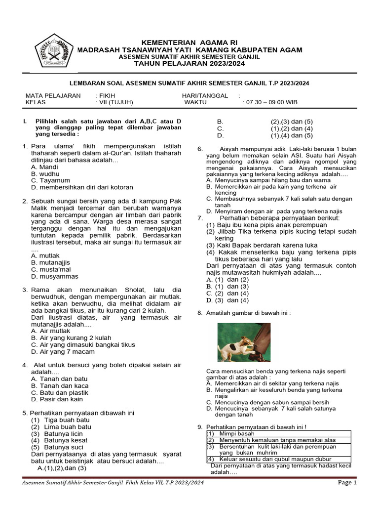 Lembaran Soal Sumatif Kelas 7 2023-2024 | PDF