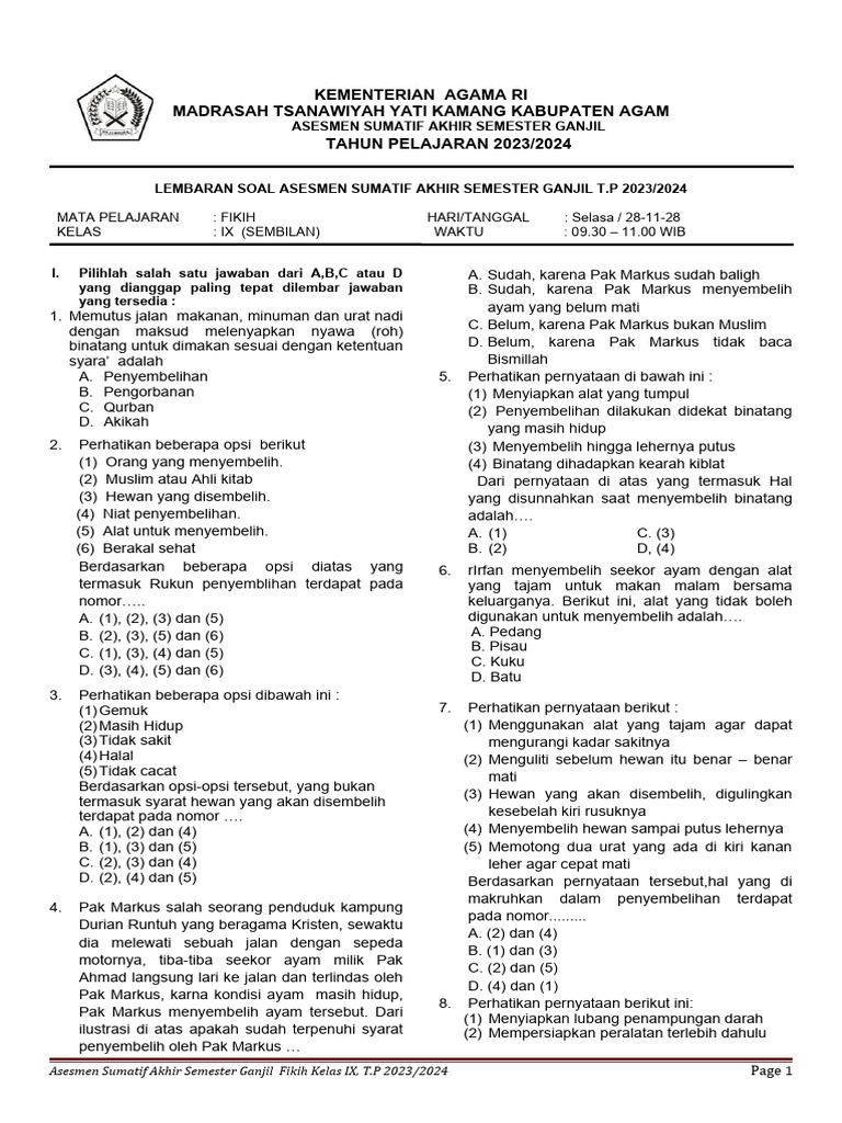 Lembaran Soal Sumatif Kelas 9 2023-2024 | PDF
