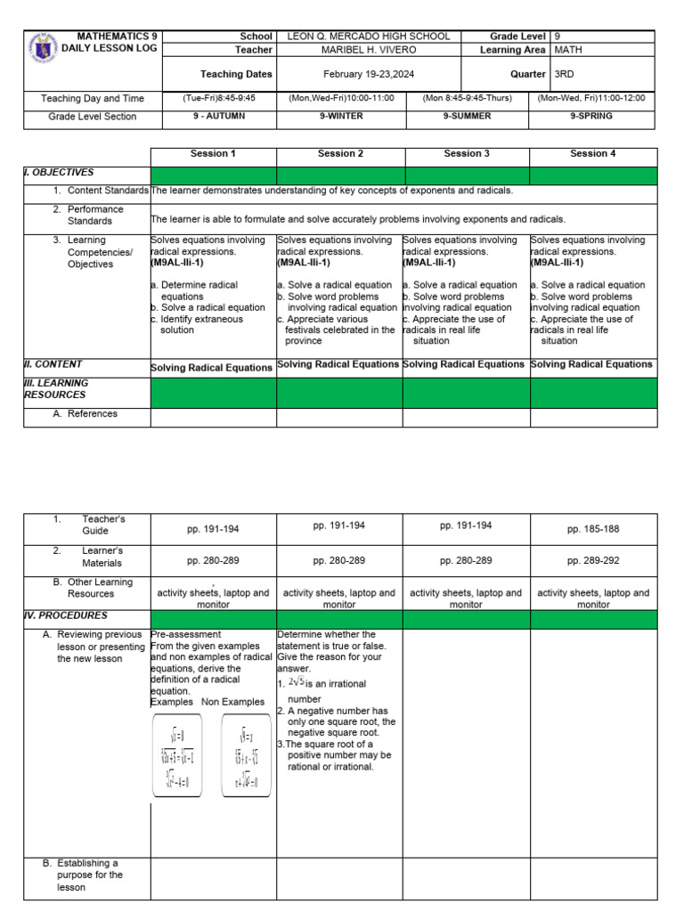 DLL Solving Radical Equations Detailed 3rd Q | PDF | Equations ...