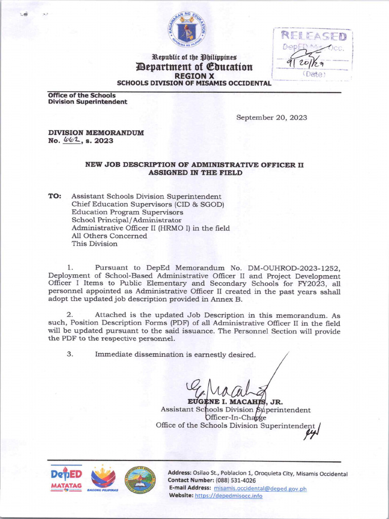 Deped Mis Occ Dm. 662 S. 2023 New Job Description of Administrative ...