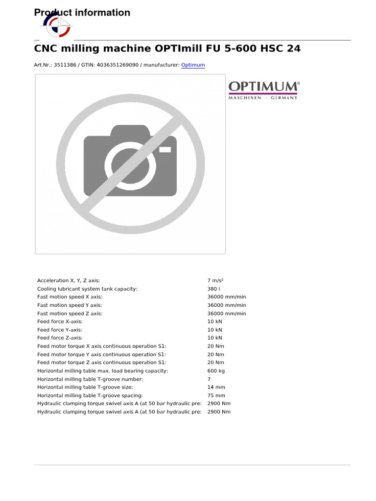 CNC Milling Machine Optimill Fu 5-600 HSC 24: Optimum | PDF