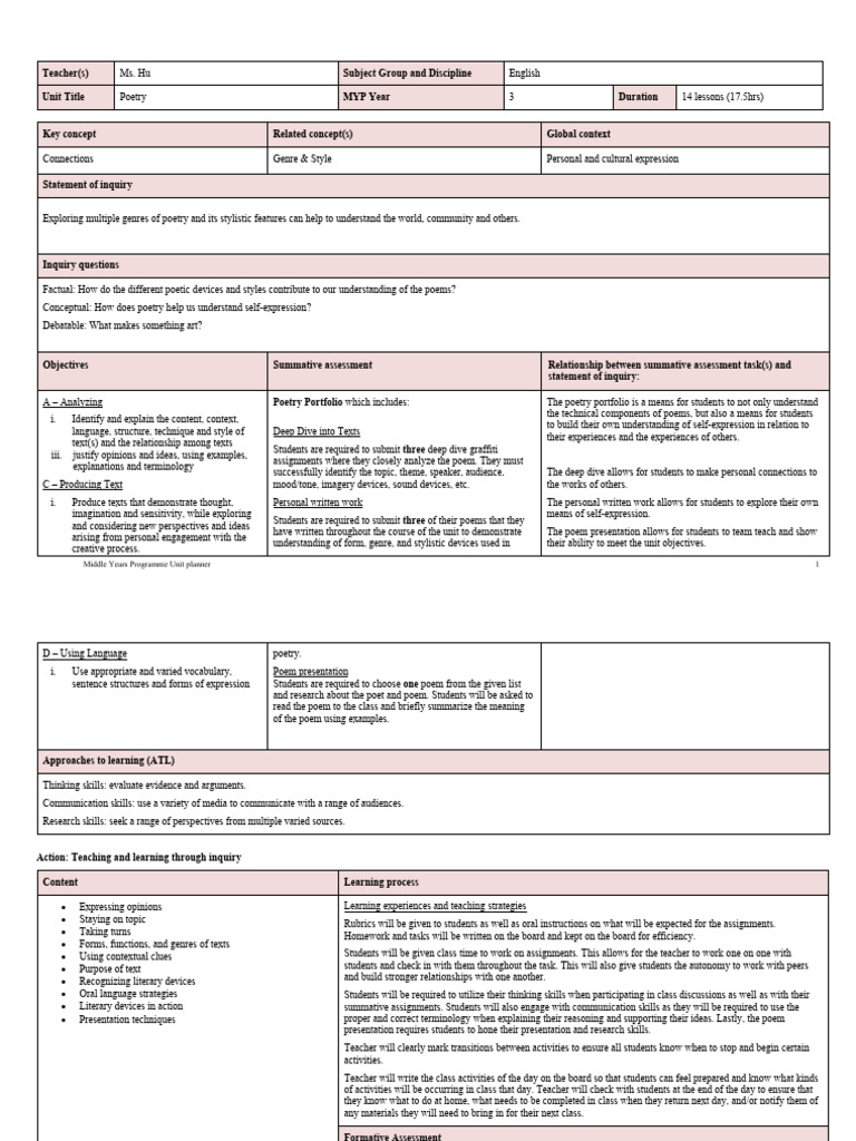 MYP Poetry Unit Plan | PDF | Poetry | Thought