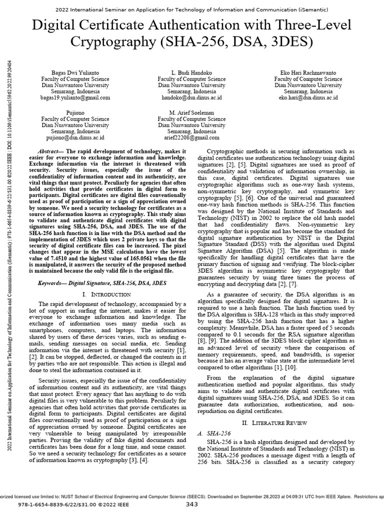 Digital Certificate Authentication With Three-Level Cryptography SHA-256 DSA 3DES | PDF ...