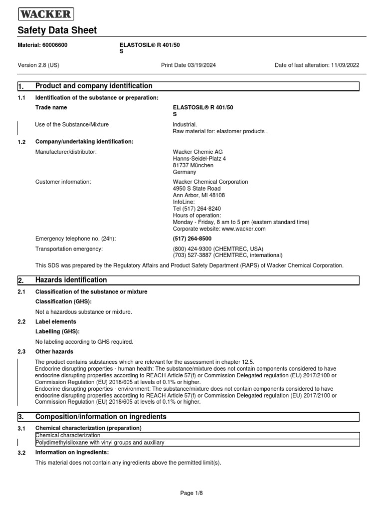 Elastosil R 401-50 Sds | PDF | Occupational Safety And Health | Safety