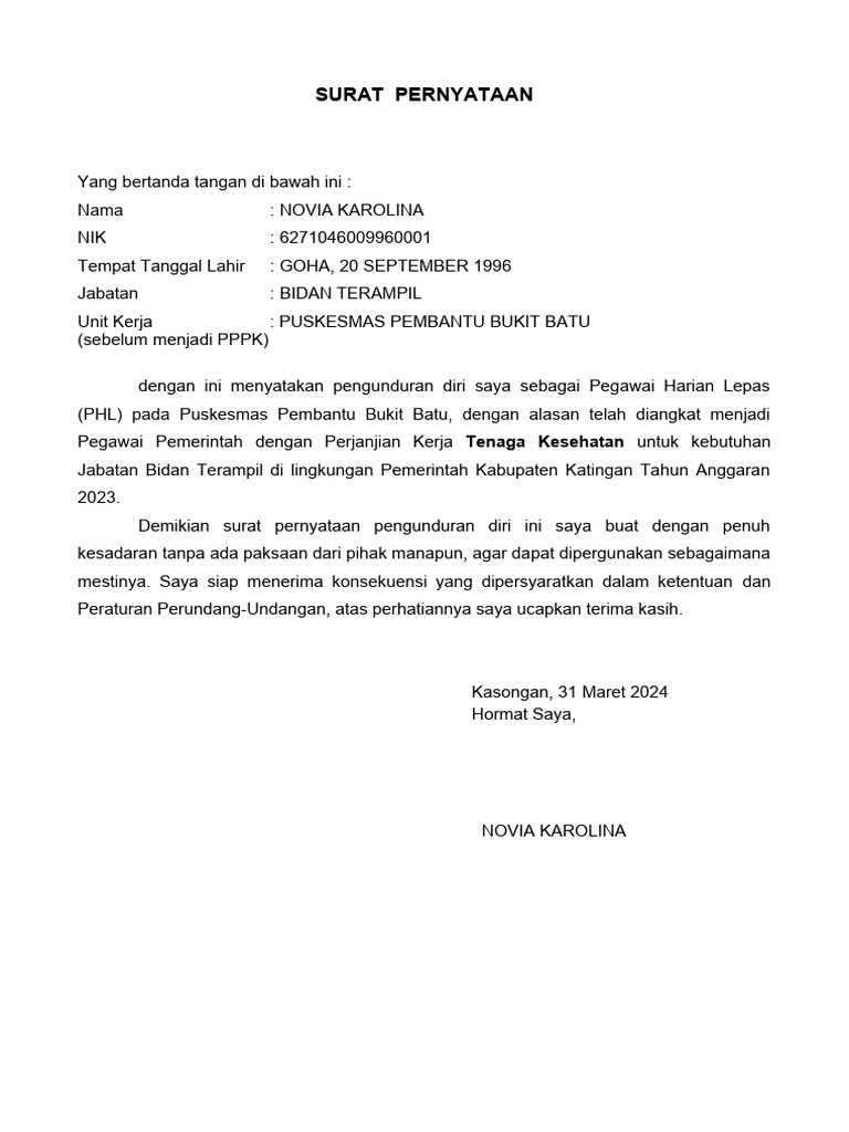 SURAT PERNYATAAN PENGUNDURAN DIRI SEBAGAI PEGAWAI NON ASN | PDF