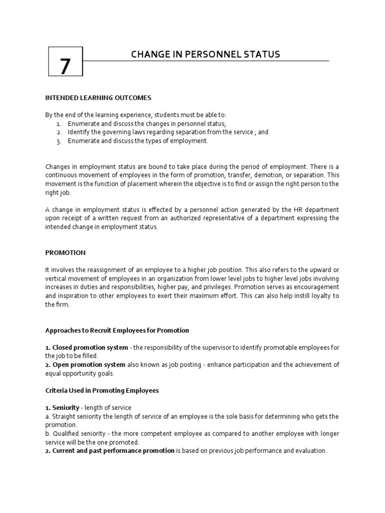 Personnel Status Changes Overview | PDF | Employment | Layoff
