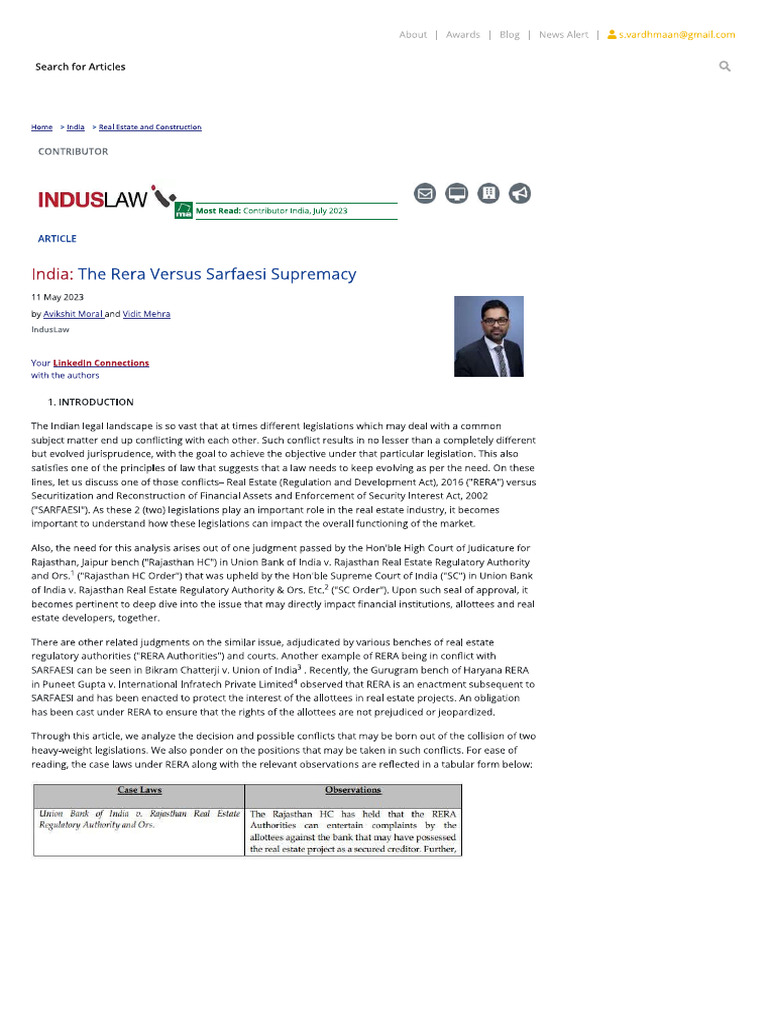 RERA - The Rera Versus Sarfaesi Supremacy | PDF